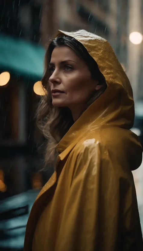 with intense rain，The streets of the city，Beautiful mature girl wearing raincoat，Cold medicine ...