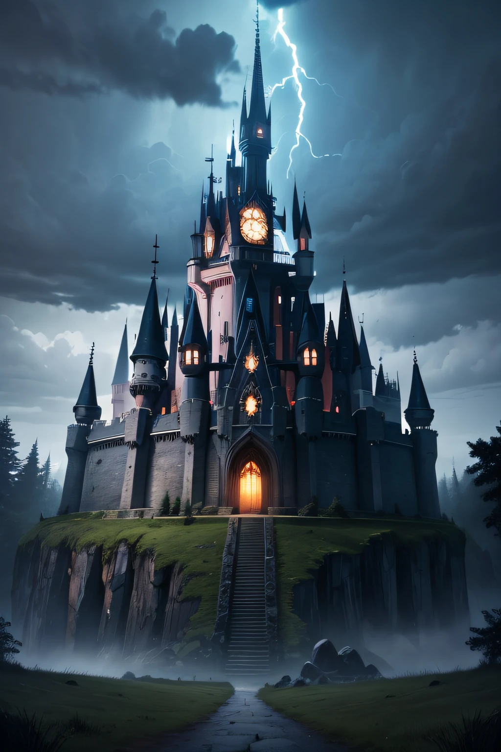 Arafed castle with a clock tower and a staircase leading to it - SeaArt AI