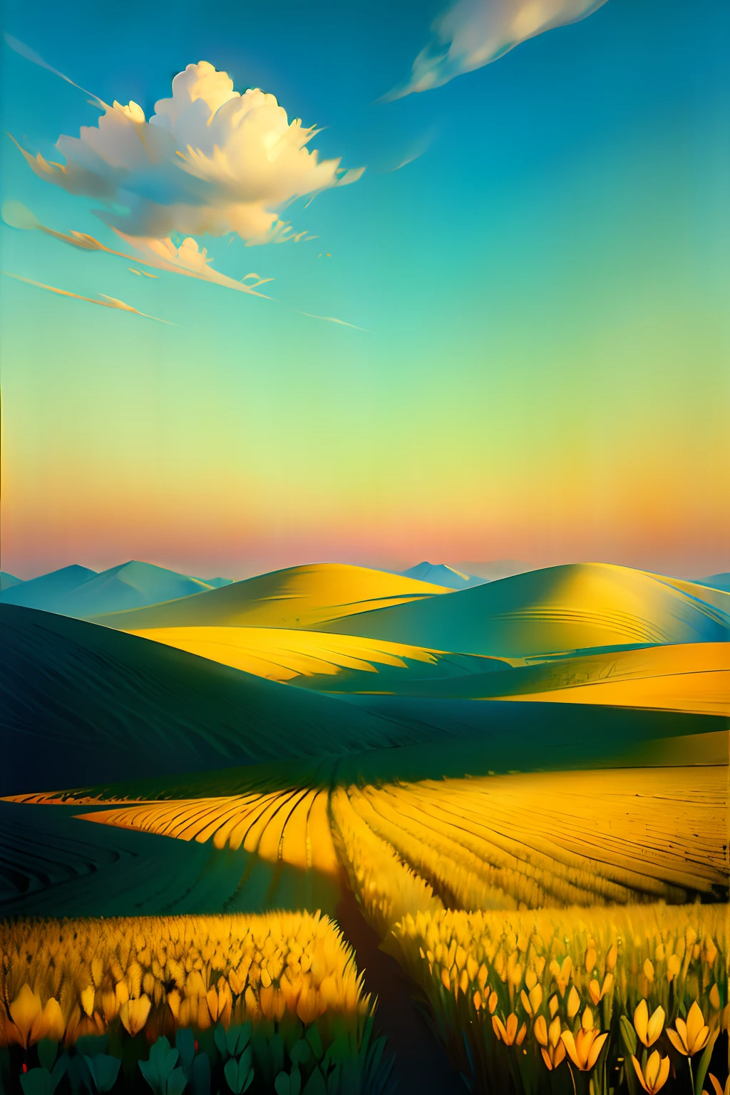 A painting of a springtime landscape, a perspective view of rows of ...