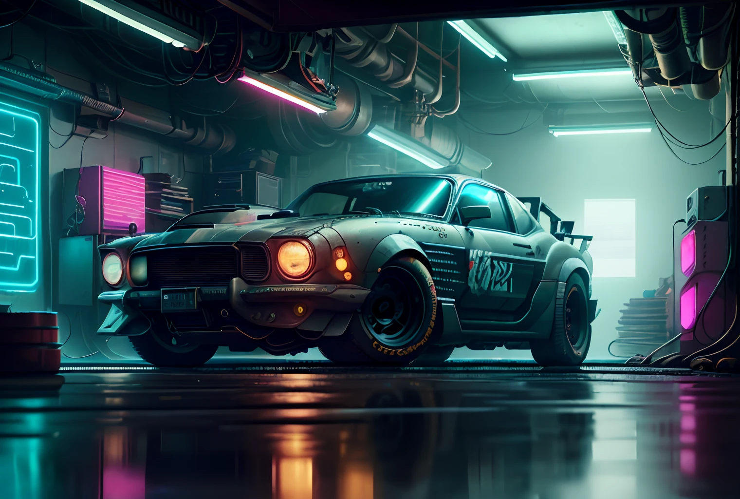 A car in a garage with neon lights and a neon sign - SeaArt AI A car in a garage with neon lights and a neon sign - SeaArt AI