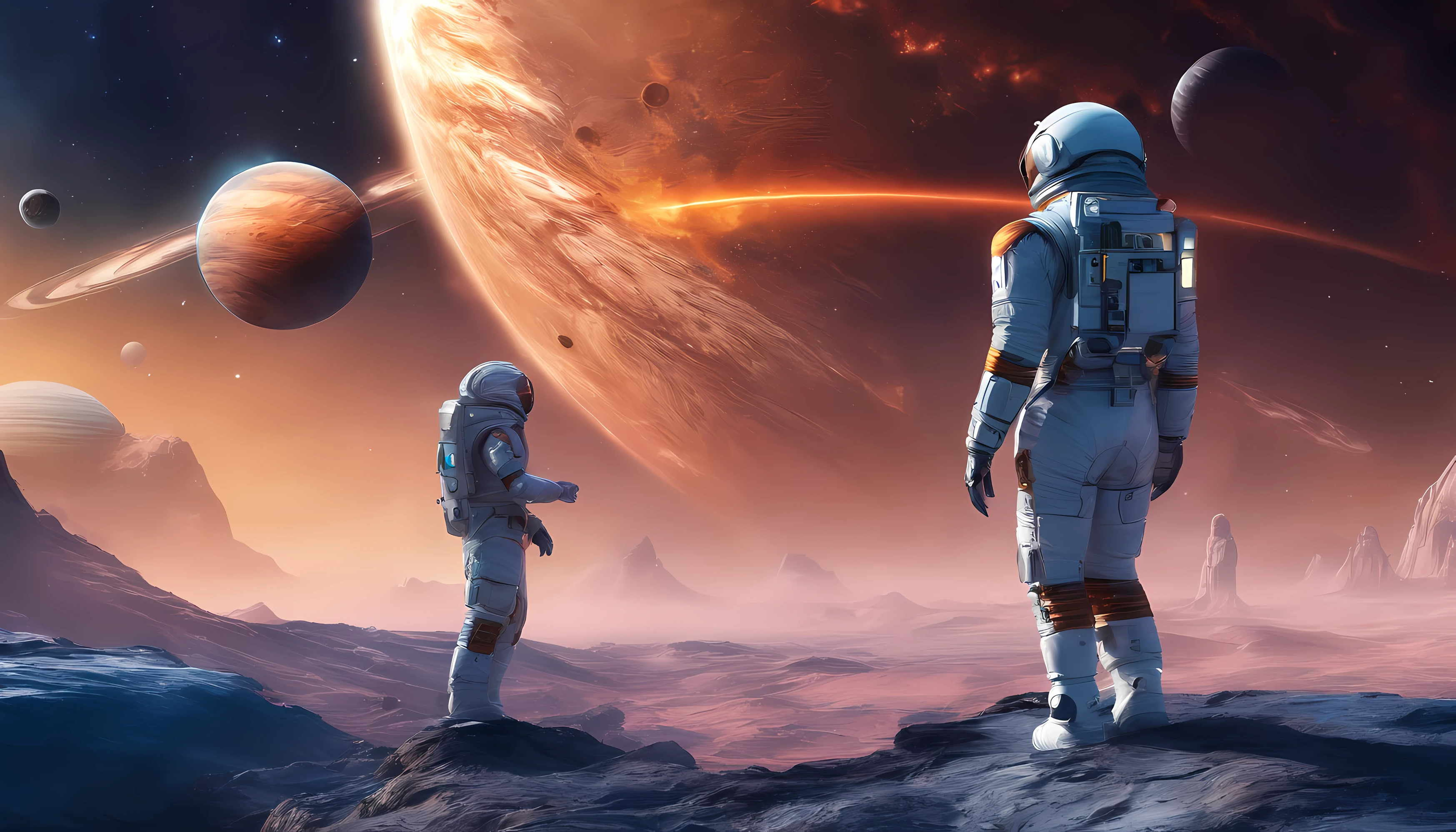 Two astronauts standing on a rocky surface in front of a planet - SeaArt AI