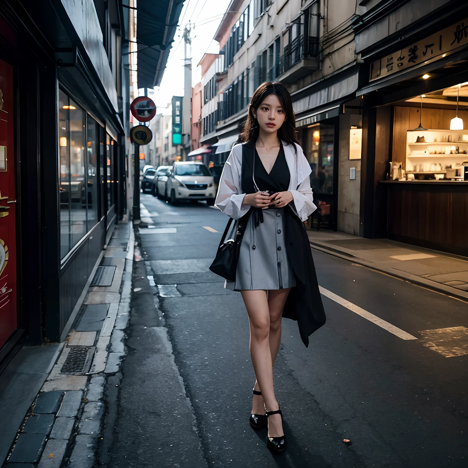 Araffe woman walking down a street in a dress and coat - SeaArt AI