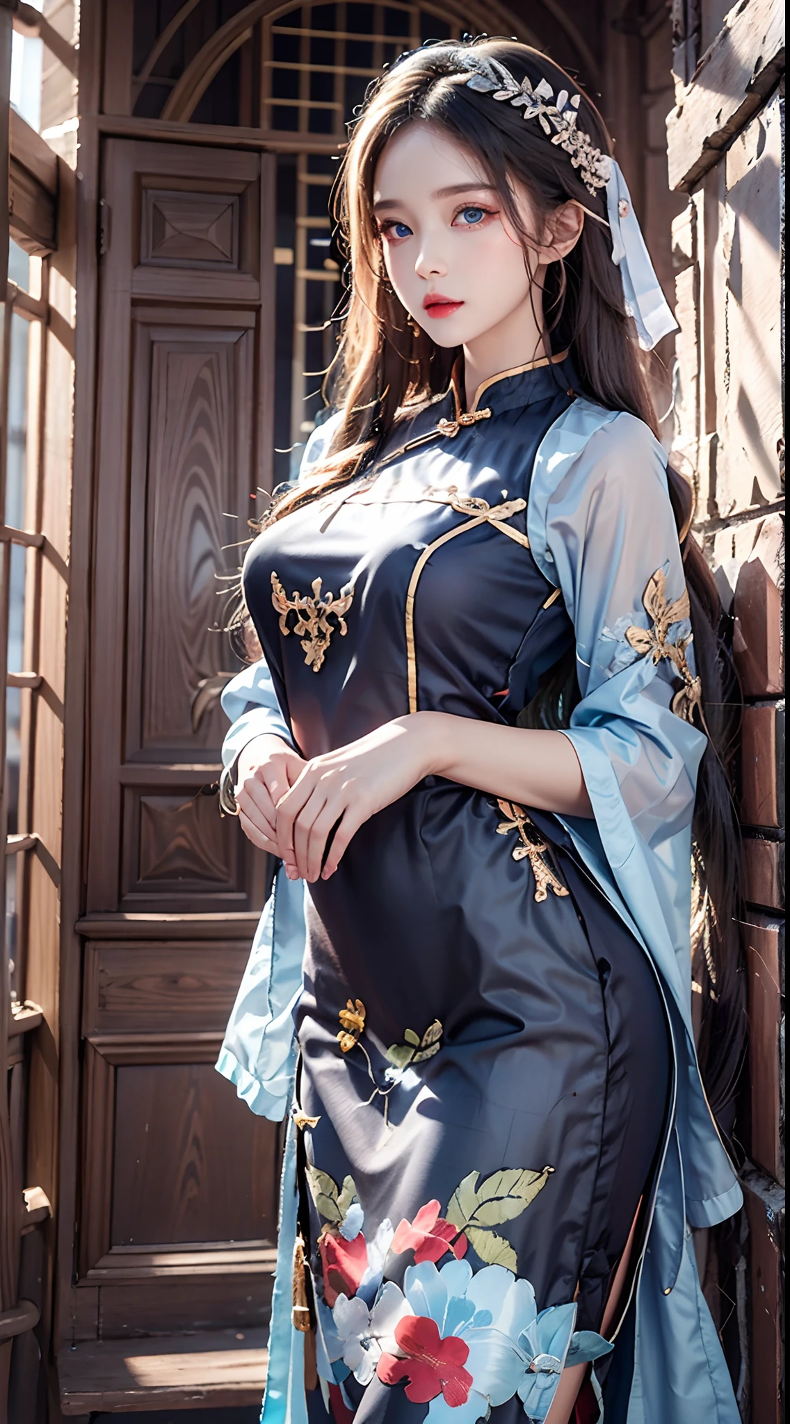 Arafed asian woman in a black and blue dress posing for a picture - SeaArt AI