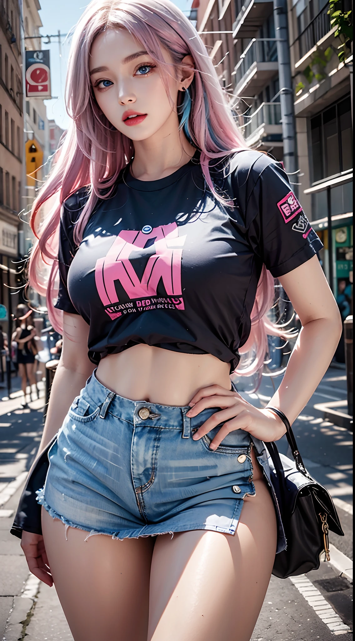 Arafed woman with pink hair and a black shirt posing for a picture - SeaArt AI