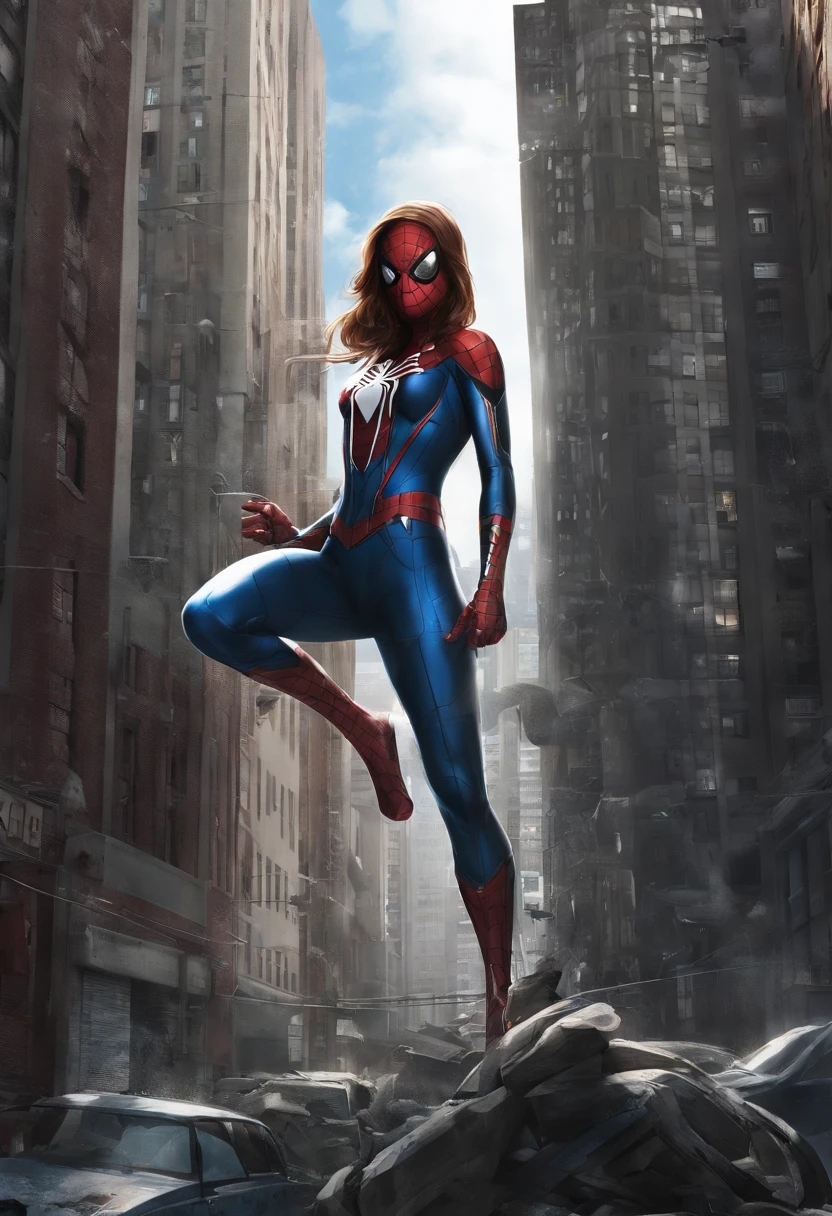 A woman in a spider - man suit standing on a pile of rubble - SeaArt AI