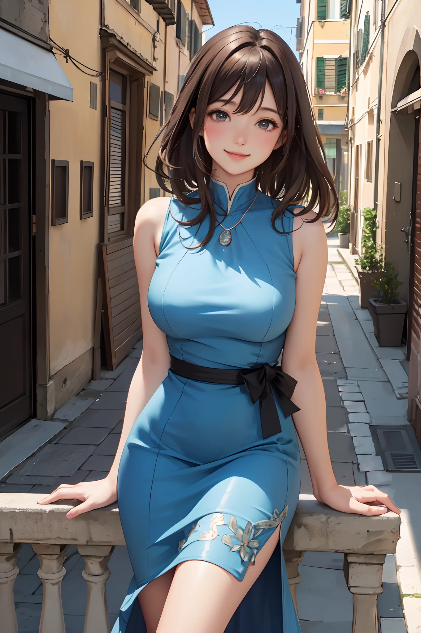 Arafed woman in a blue dress posing on a balcony - SeaArt AI