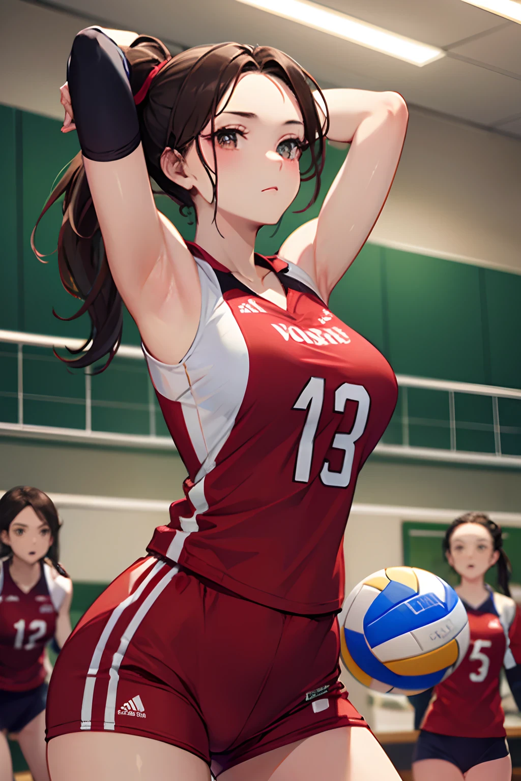 Anime Girl In Red Uniform Holding Volleyball Ball In Gym Seaart Ai
