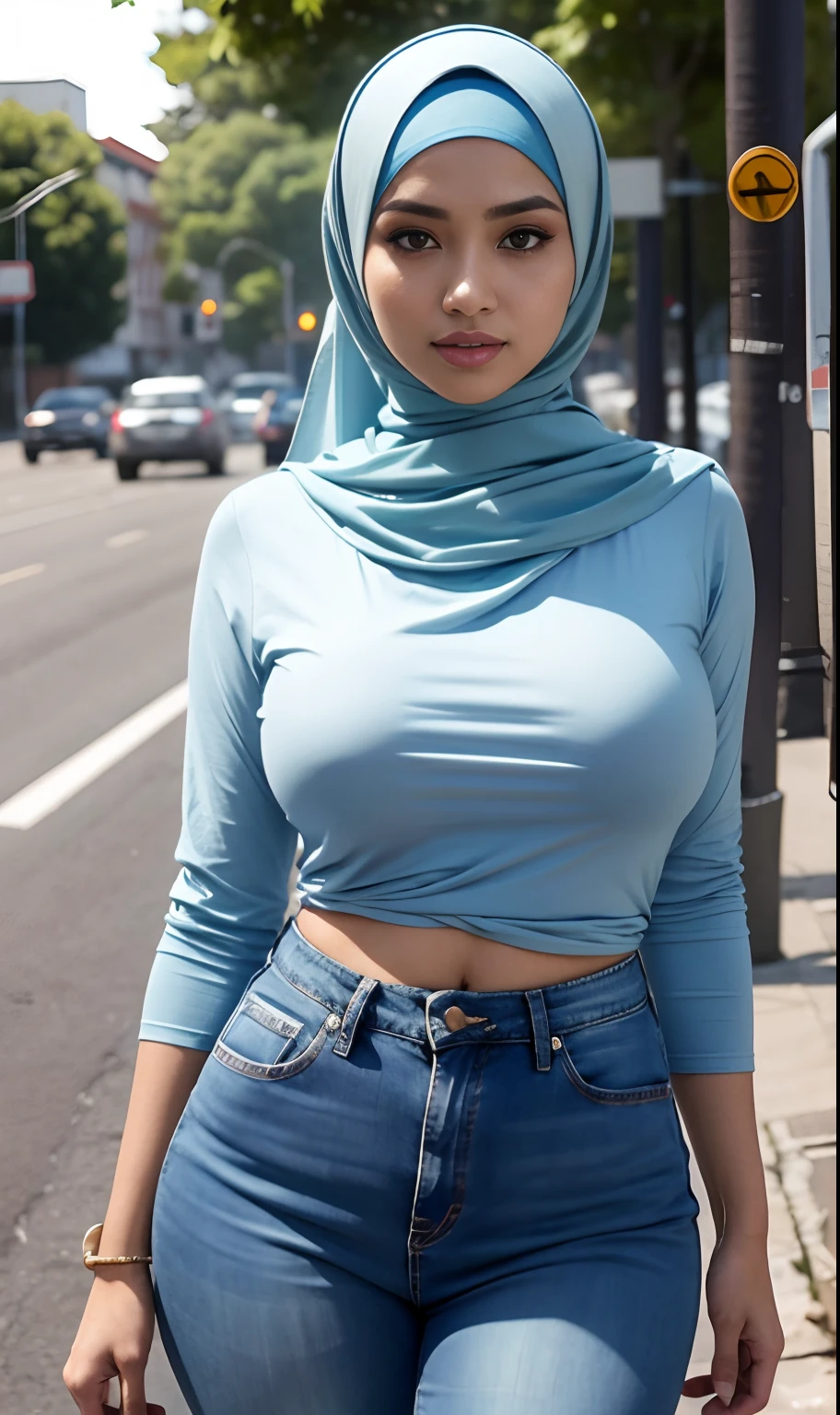 Araffe wearing a blue hijab and jeans on a city street - SeaArt AI