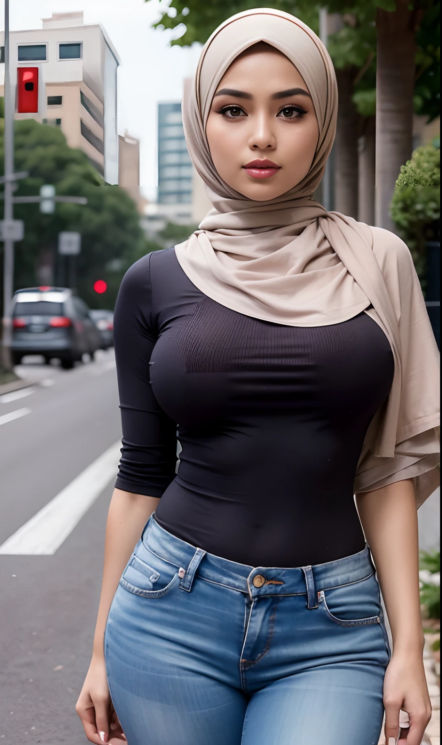 Araffe woman in a black top and jeans standing on a street corner - SeaArt AI