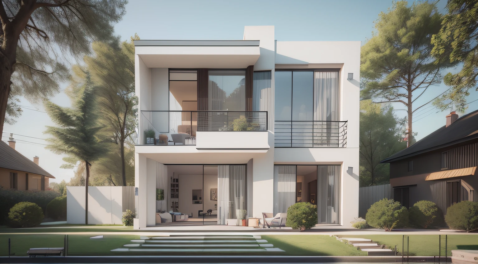 A rendering of a modern house with a pool and a patio - SeaArt AI