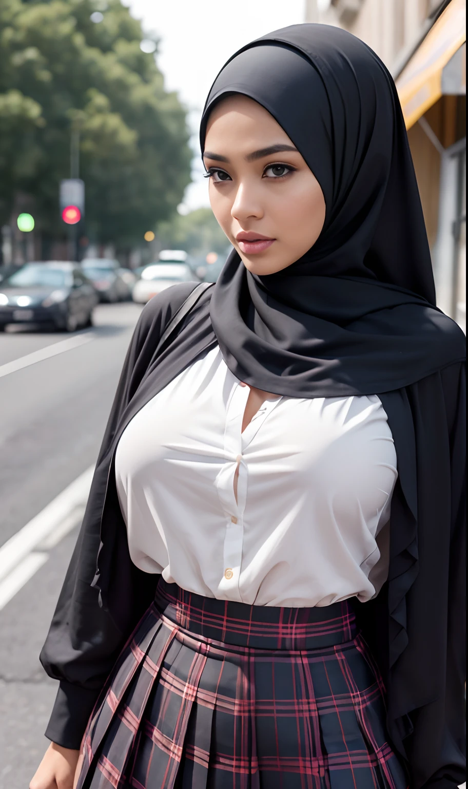 Woman Wearing A Black Hijab And A White Shirt And A Plaid Skirt Seaart Ai