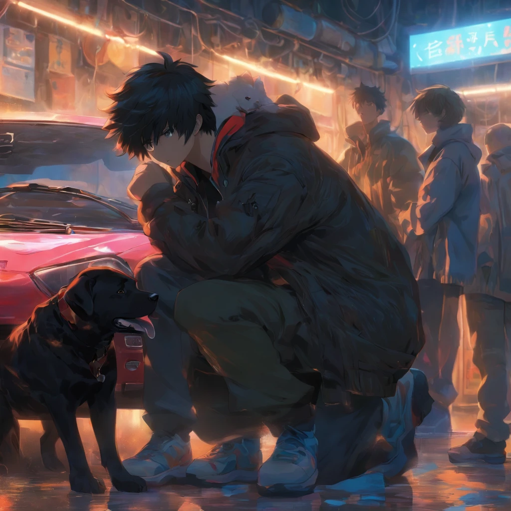 Anime boy kneeling down with his dog in front of a car - SeaArt AI