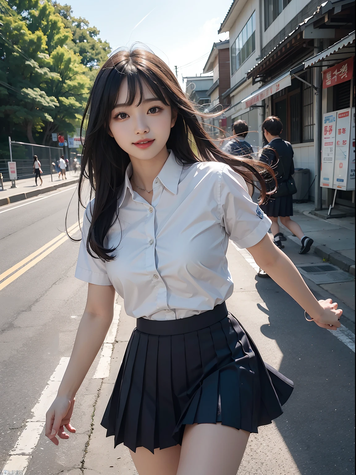 Arafed asian woman in a skirt walking down a street - SeaArt AI