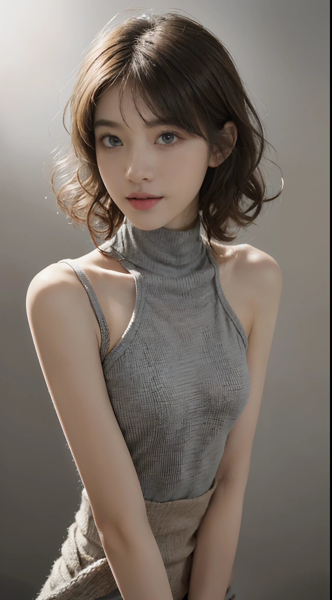 A woman in a gray top and skirt posing for a picture - SeaArt AI