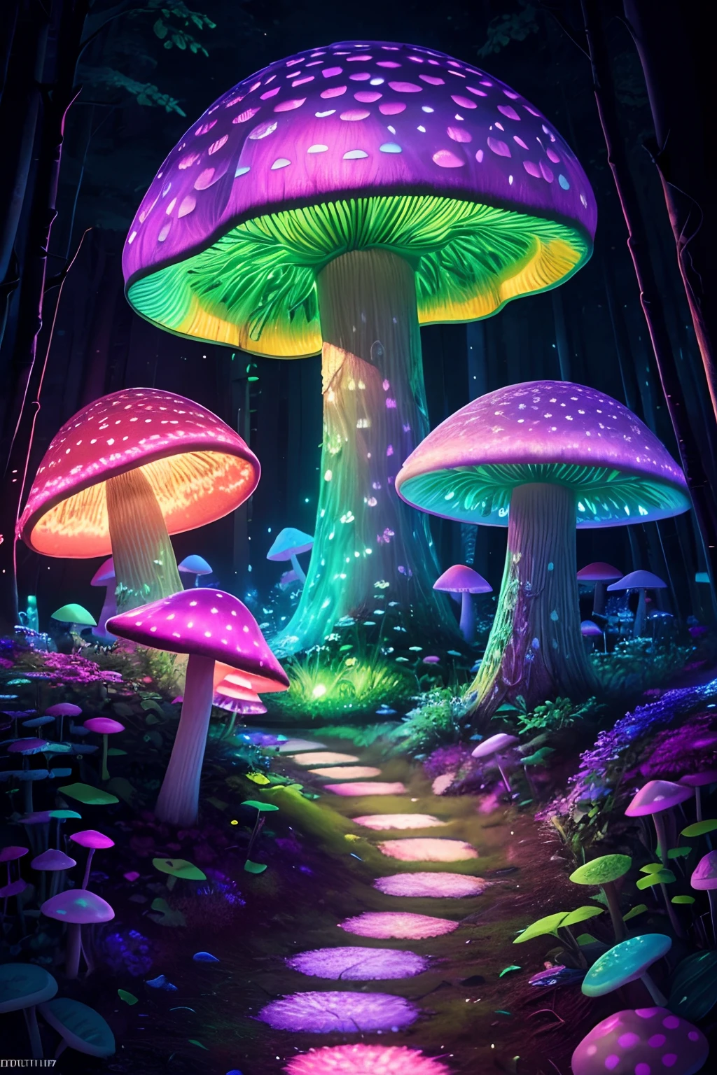 Highly detailed neon art, mushroom forest, blacklight tapestry ...