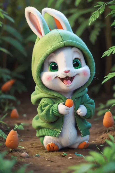 little cute milo bunny wearing a green hoodie, adorable digital ...