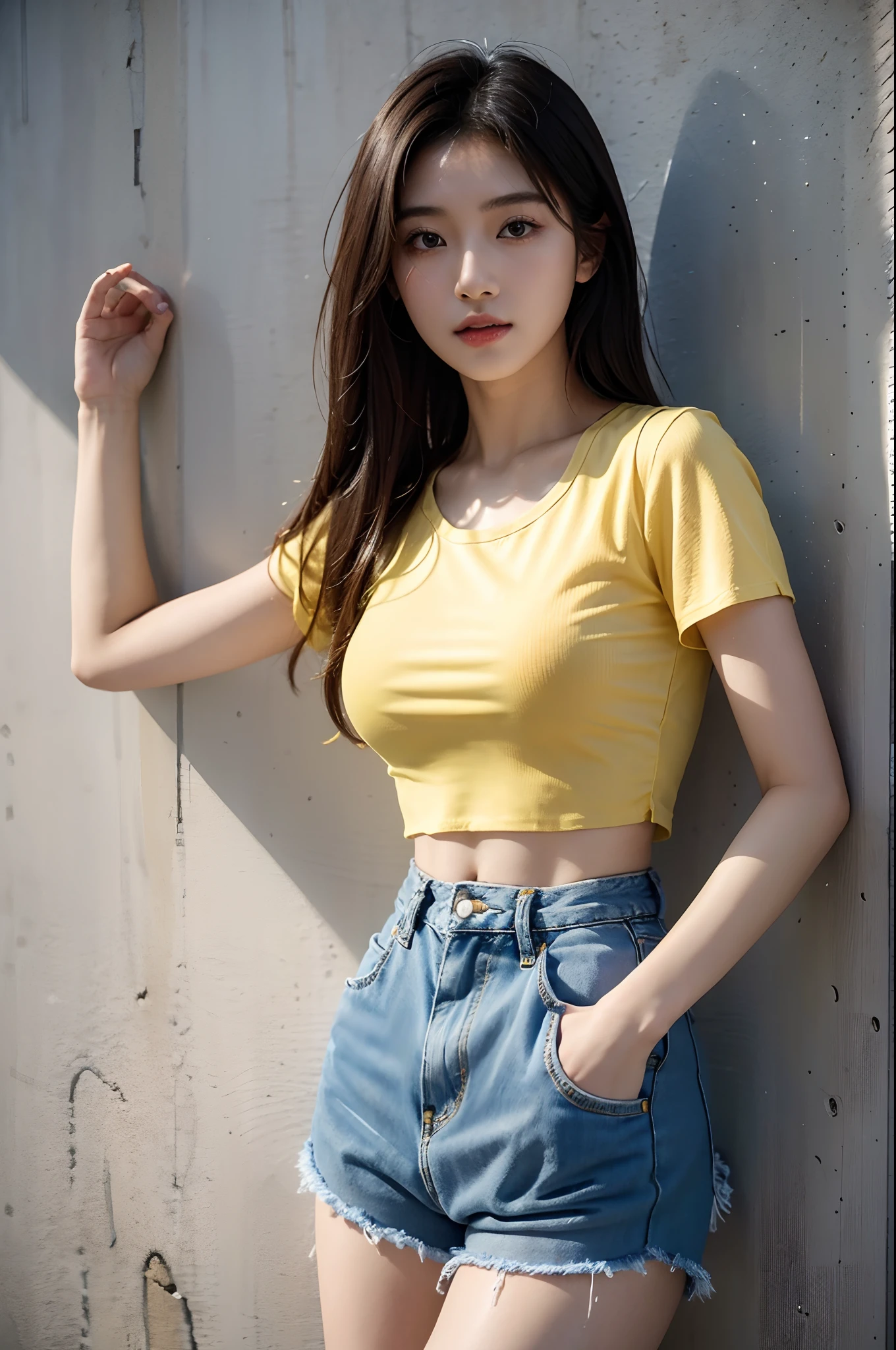arafed asian woman in a yellow shirt and denim shorts leaning against a wall, wearing yellow ...