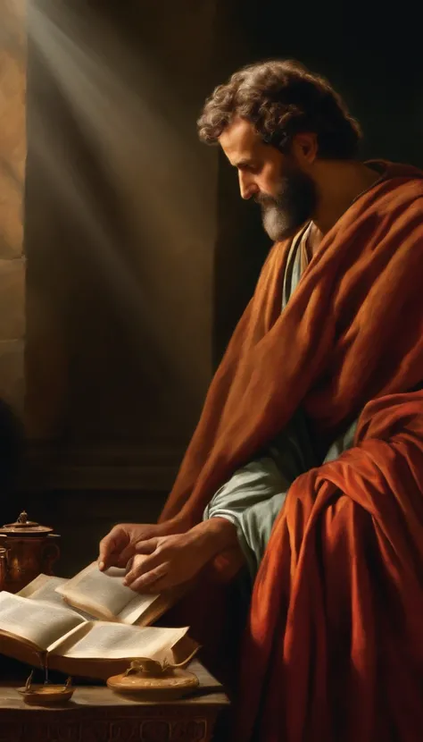 The apostle Paul looked at the screen, long clothes, Religion, Ultra realistic photo, 16:9 image ...