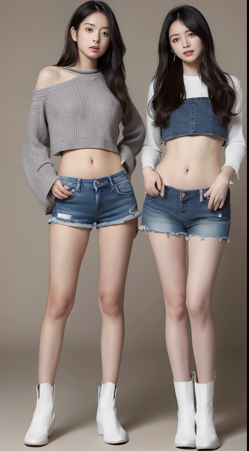 Two women in denim shorts and sweaters posing for a picture - SeaArt AI