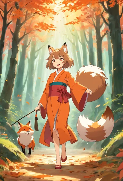 Two-shot photo of a girl and a fox,(Fantasia,Kitsune Yokai Four-Tailed ...