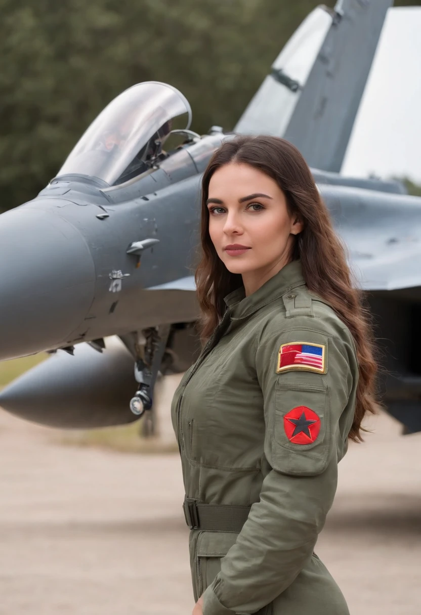 uma mulher, uniformizado, in front of an F 15 military aircraft, Roupas de piloto militar ...