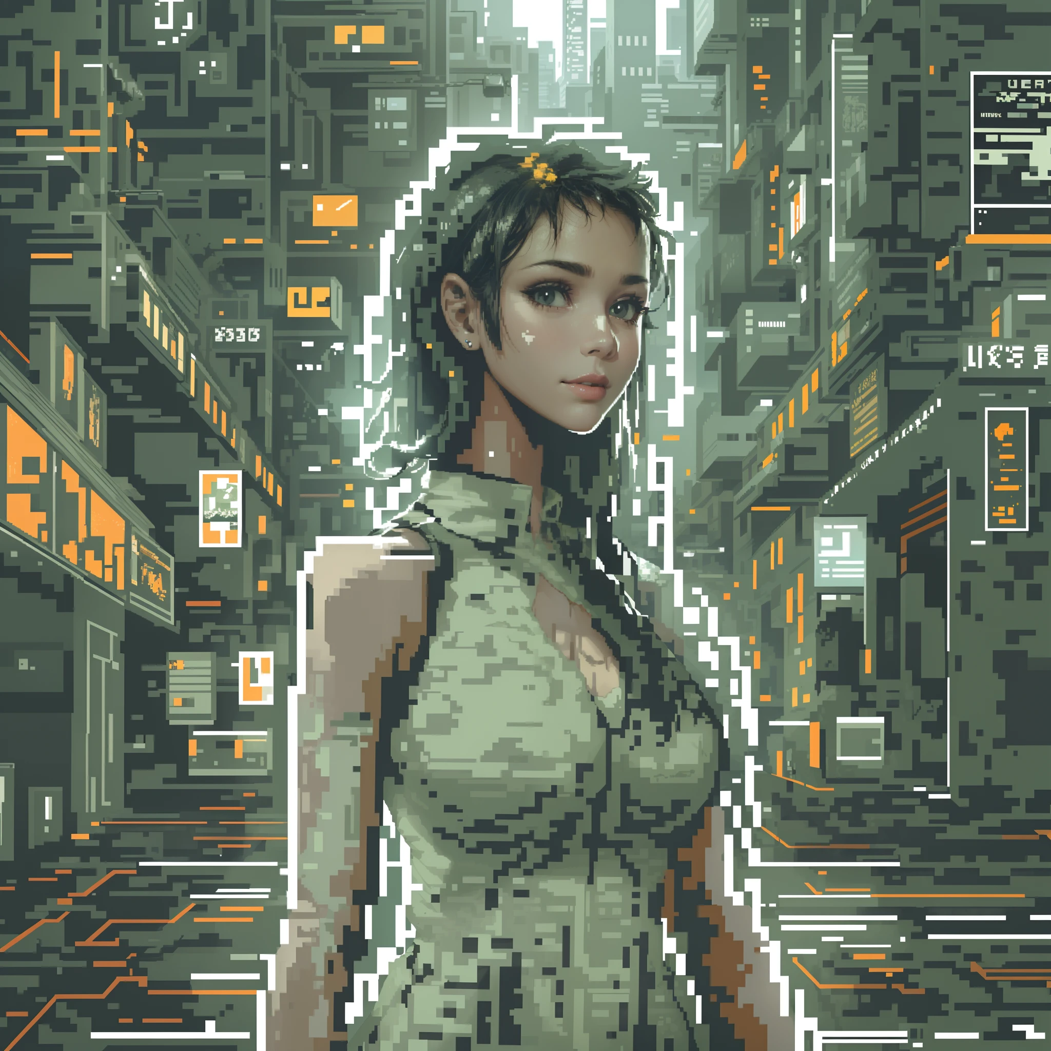 [Girl in white dress:5] exteriors，Cyberpunk streets, ascii art (Pixel 8 bit style:1.3)， - SeaArt AI
