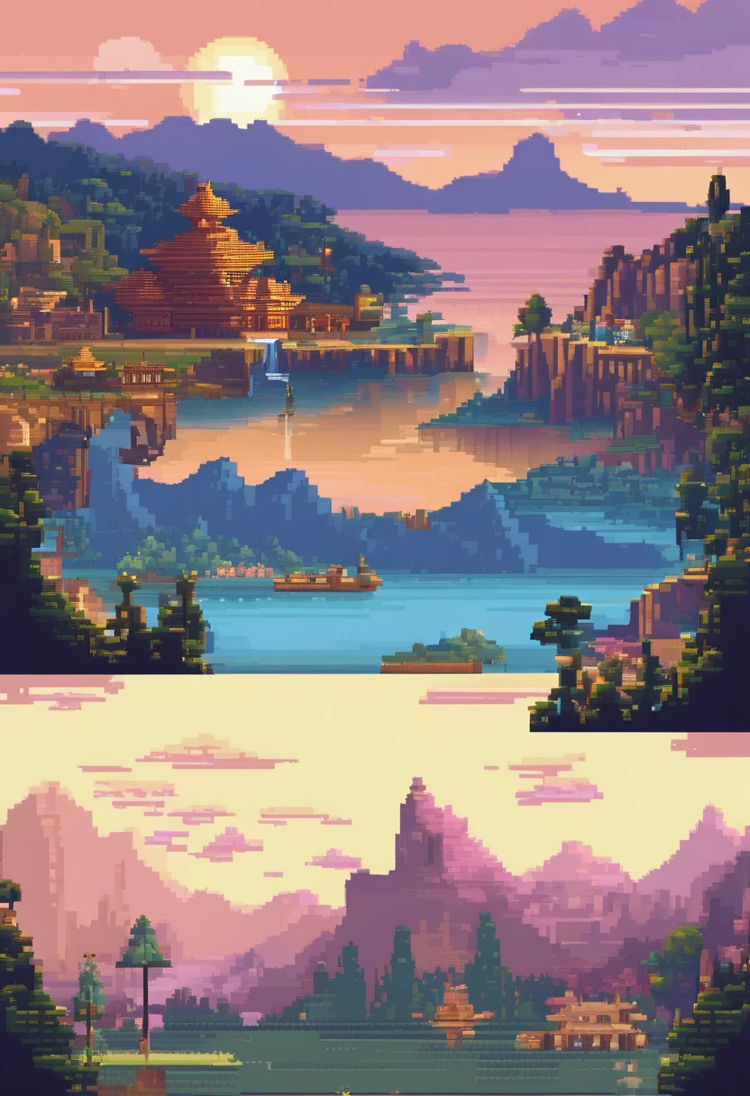 A couple of pixel art images of a mountain and a lake - SeaArt AI