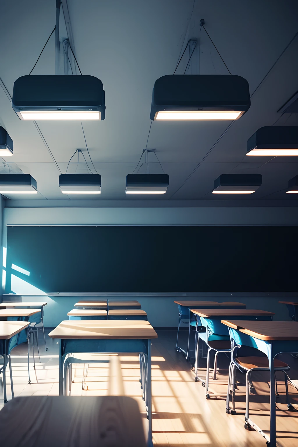Empty school classroom with only chairs and desks. Dark lights iper realistic. cold Lights ...
