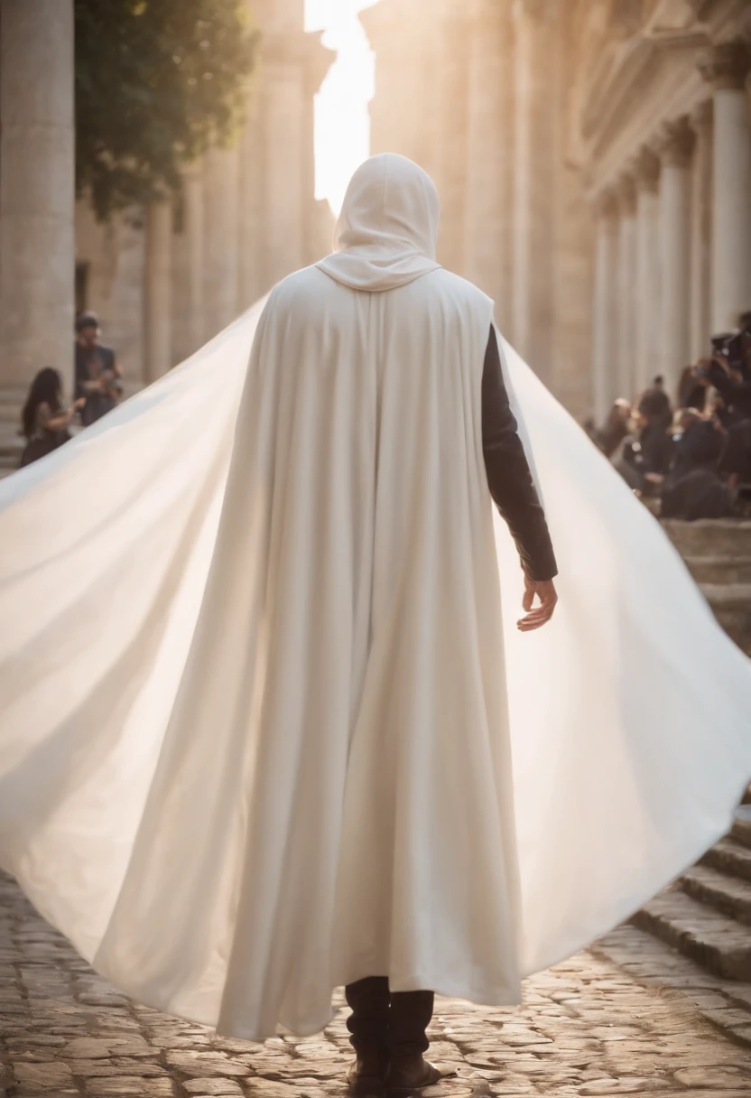 Arafed man in white cloak walking down a cobblestone street - SeaArt AI
