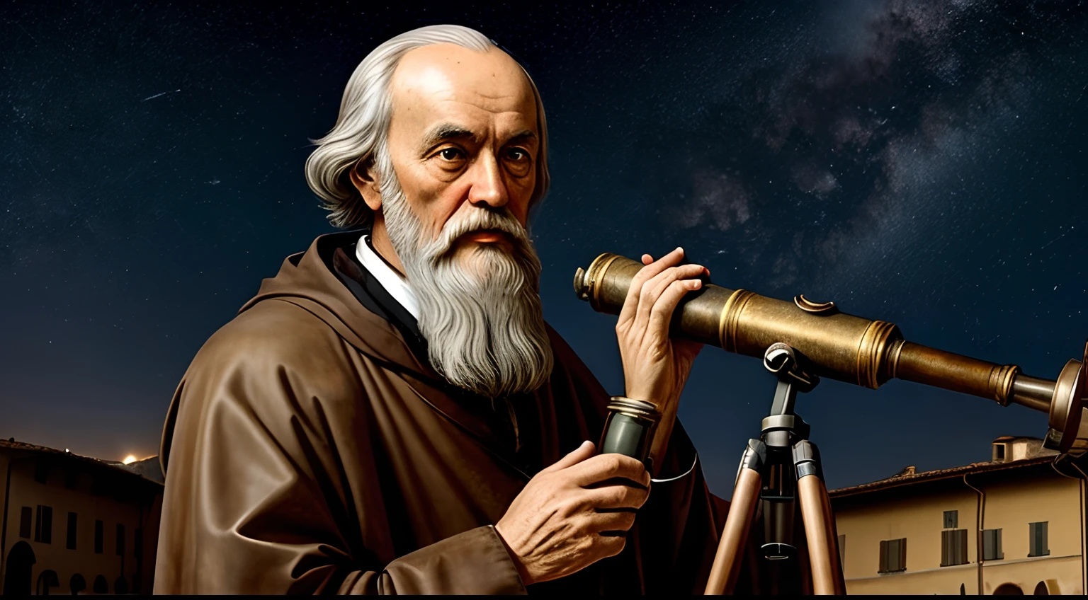 Old Galileo Galilei with his rustic telescope observing his starry sky ...