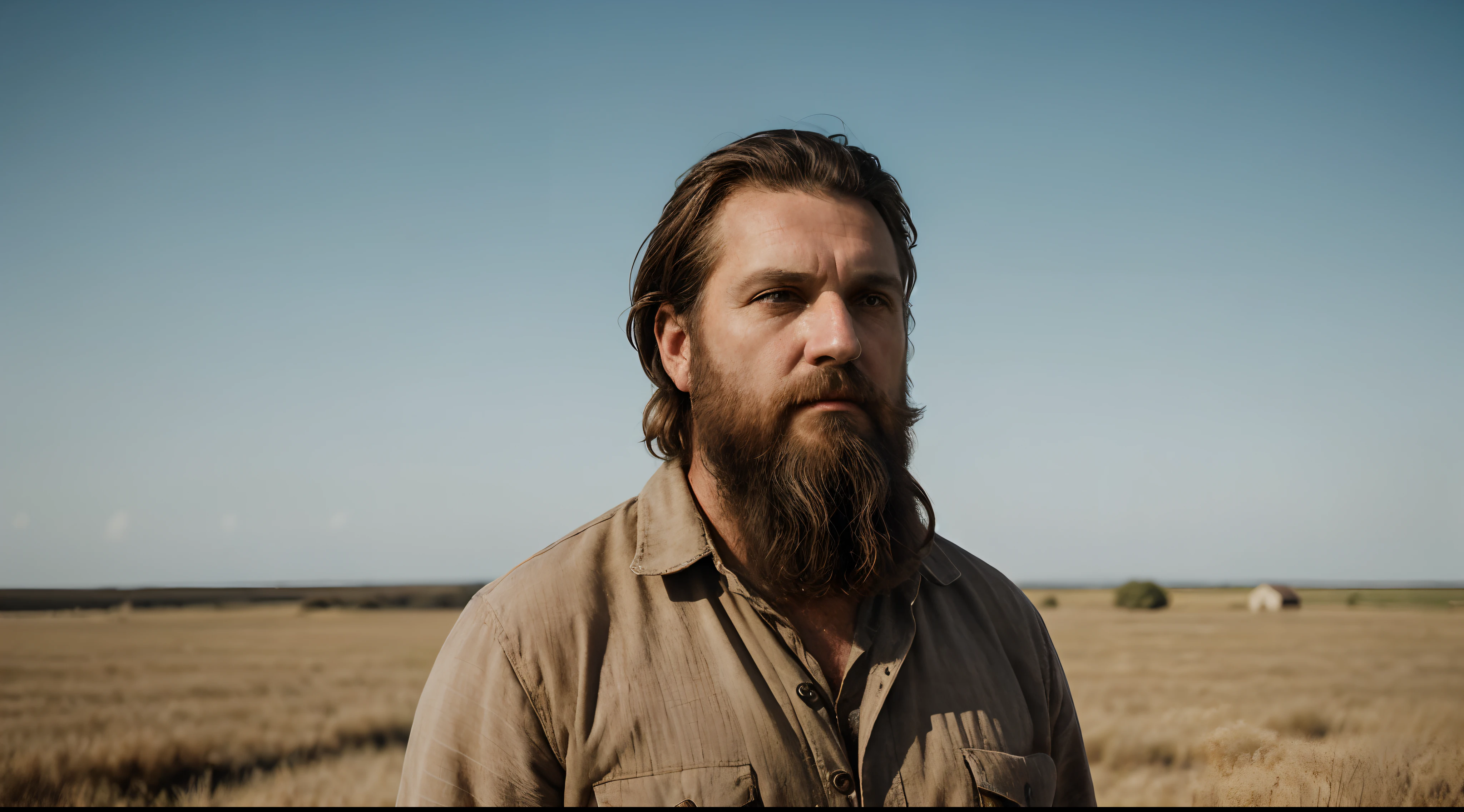 Arafed man with long beard standing in a field of dry grass - SeaArt AI