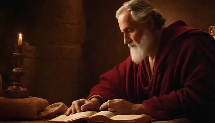 The apostle Paul looked at the screen, long clothes, Religion, Ultra realistic photo, 16:9 image ...