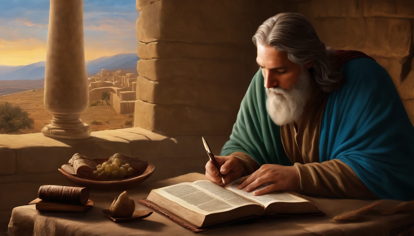 A painting of a man sitting at a table writing a book - SeaArt AI