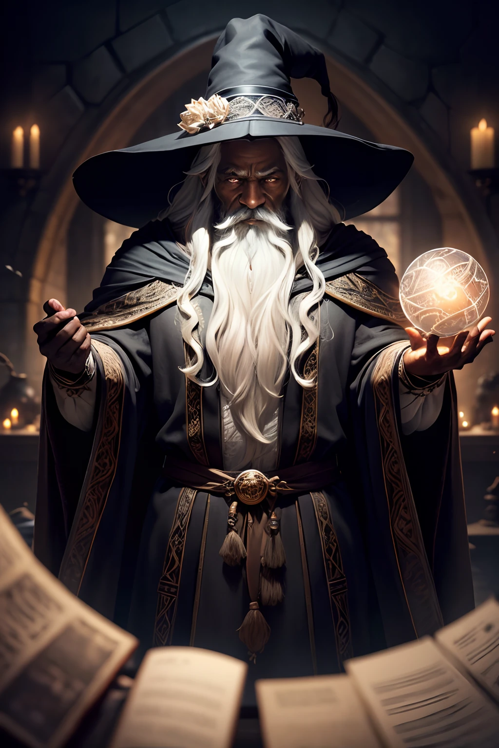 A close up of a wizard holding a spell wand and a book - SeaArt AI