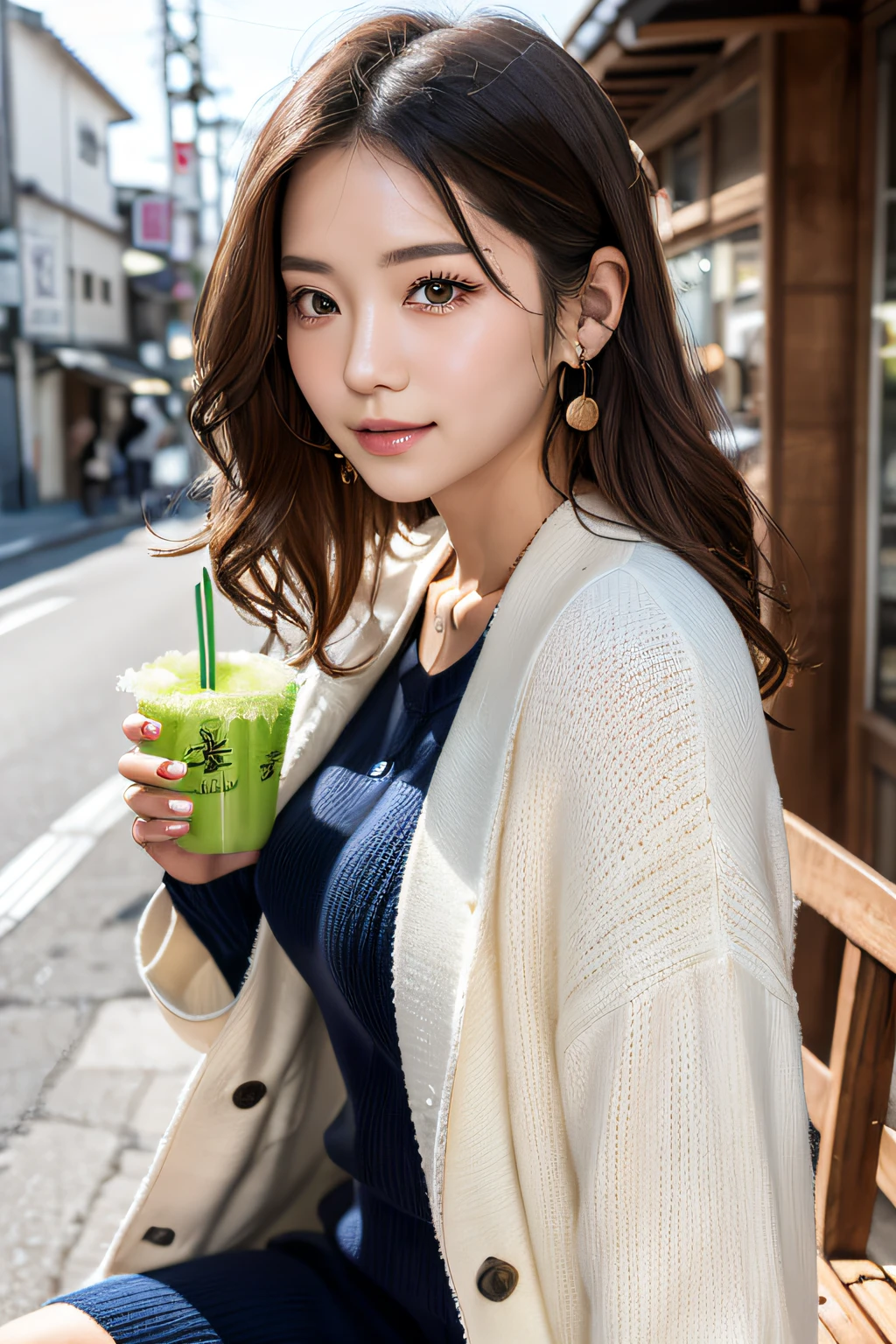 A woman sitting on a bench holding a green drink - SeaArt AI