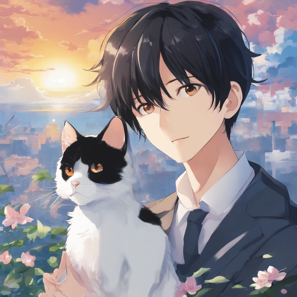 Anime guy with a cat in his arms - SeaArt AI