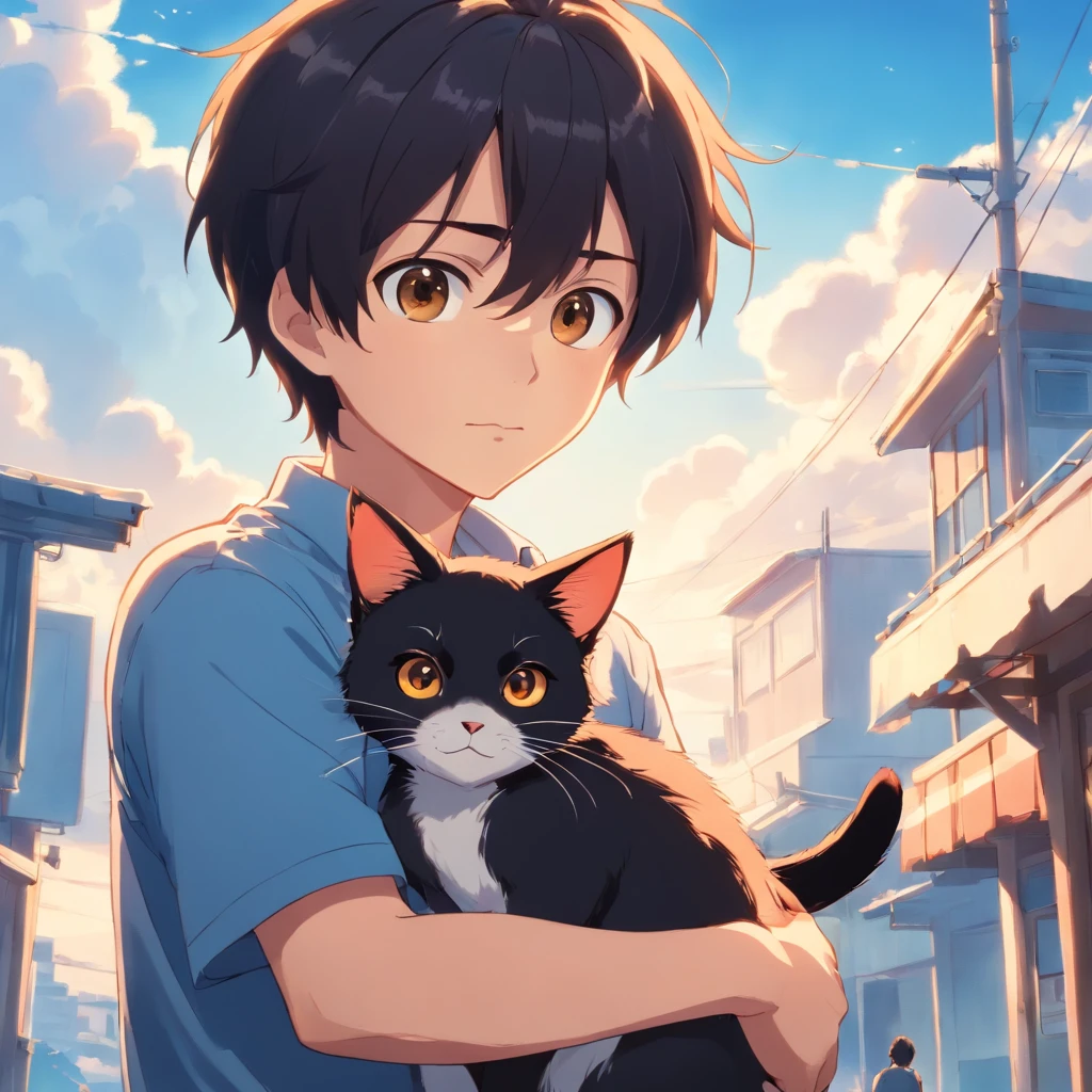 Anime boy holding a cat in his arms in a city - SeaArt AI