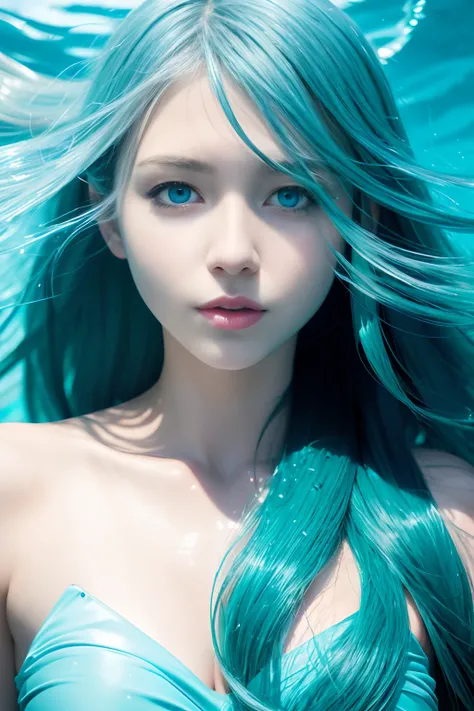 Long-haired girl floating in water, Aqua Eye, Stunning facial portrait, Guviz-style artwork ...
