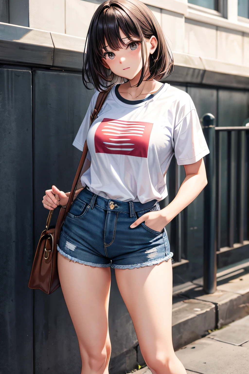 Arafed woman in short shorts and a t - shirt standing on a sidewalk - SeaArt AI