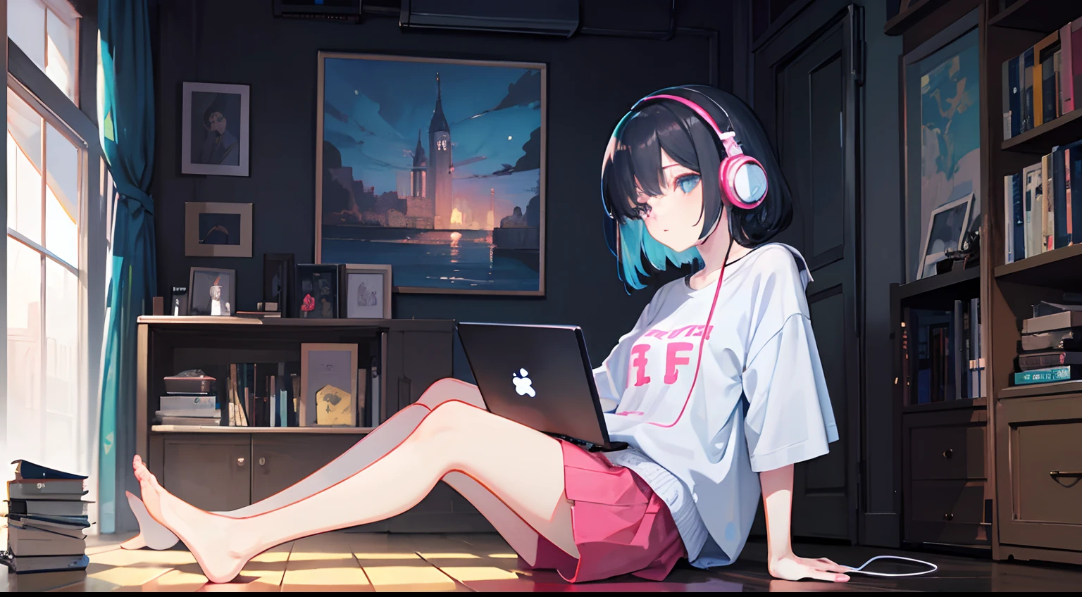 Anime girl sitting on the floor with headphones on and using a laptop ...