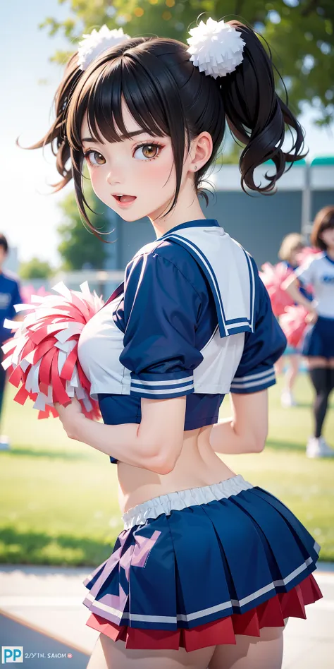 Alafed Asian cheerleaders posing dynamically with pom-poms in stadium:1 persons、a closeup ...