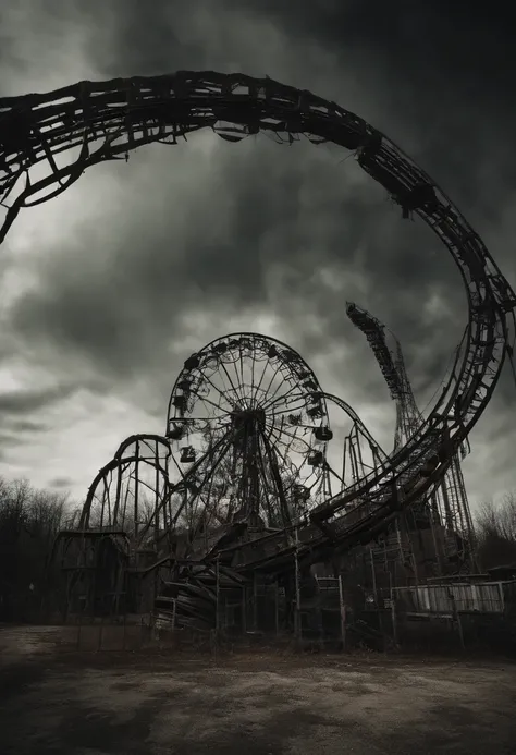 An abandoned amusement park at dusk, with rusting roller coasters and silent merry-go-rounds ...