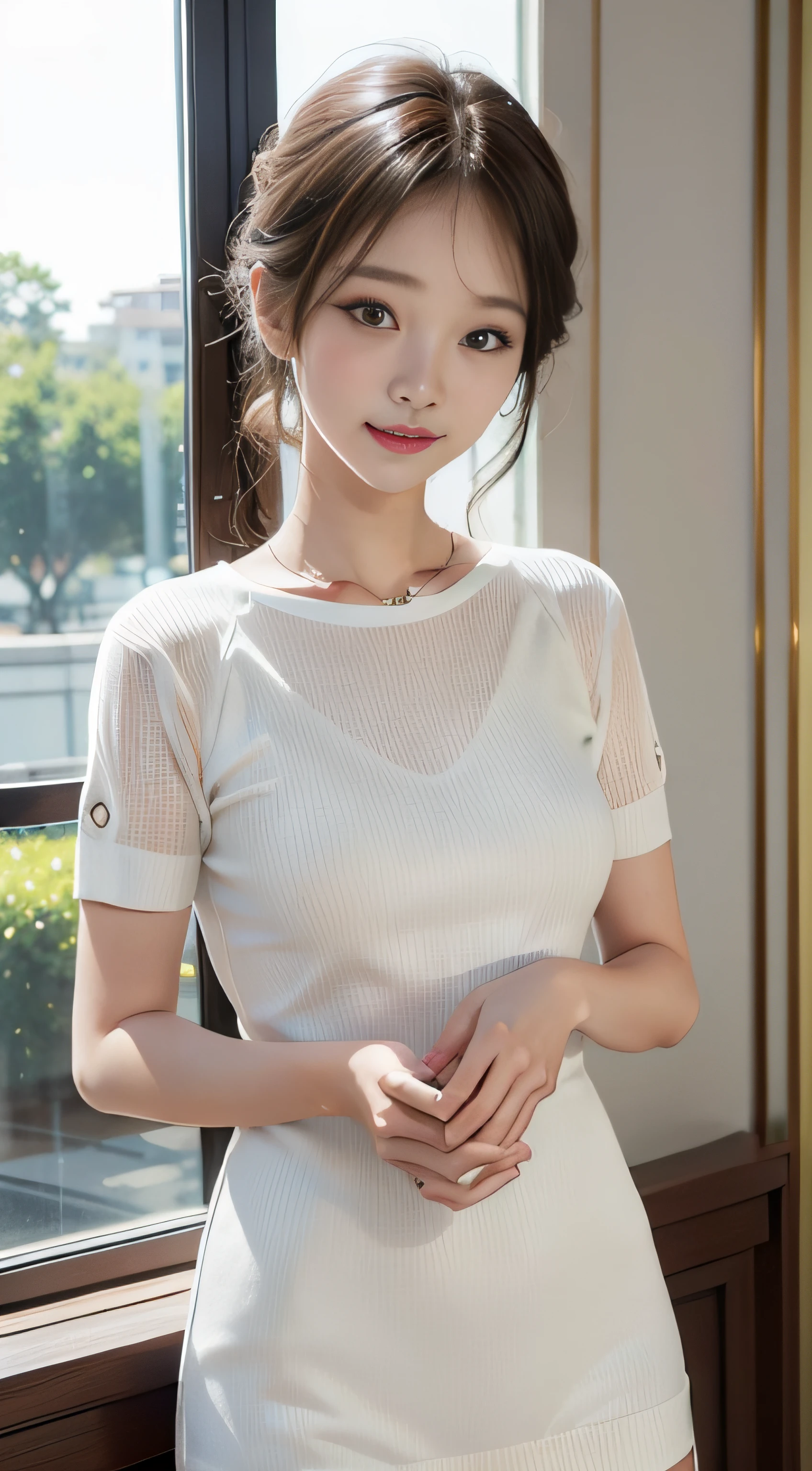 傑作、最高の画質 1 2、 美しい若い女性と 、透明感のある肌 1 2、{わずかな笑顔}、 かわいい 、半袖ニット、高級ホテル、被写界深度
