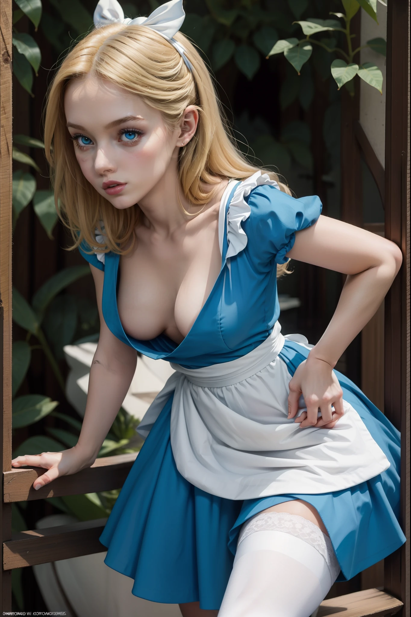 masterpiece, 1girl, solo, make her a sexy Alice in Wonderland with blonde hair, powder blue ...