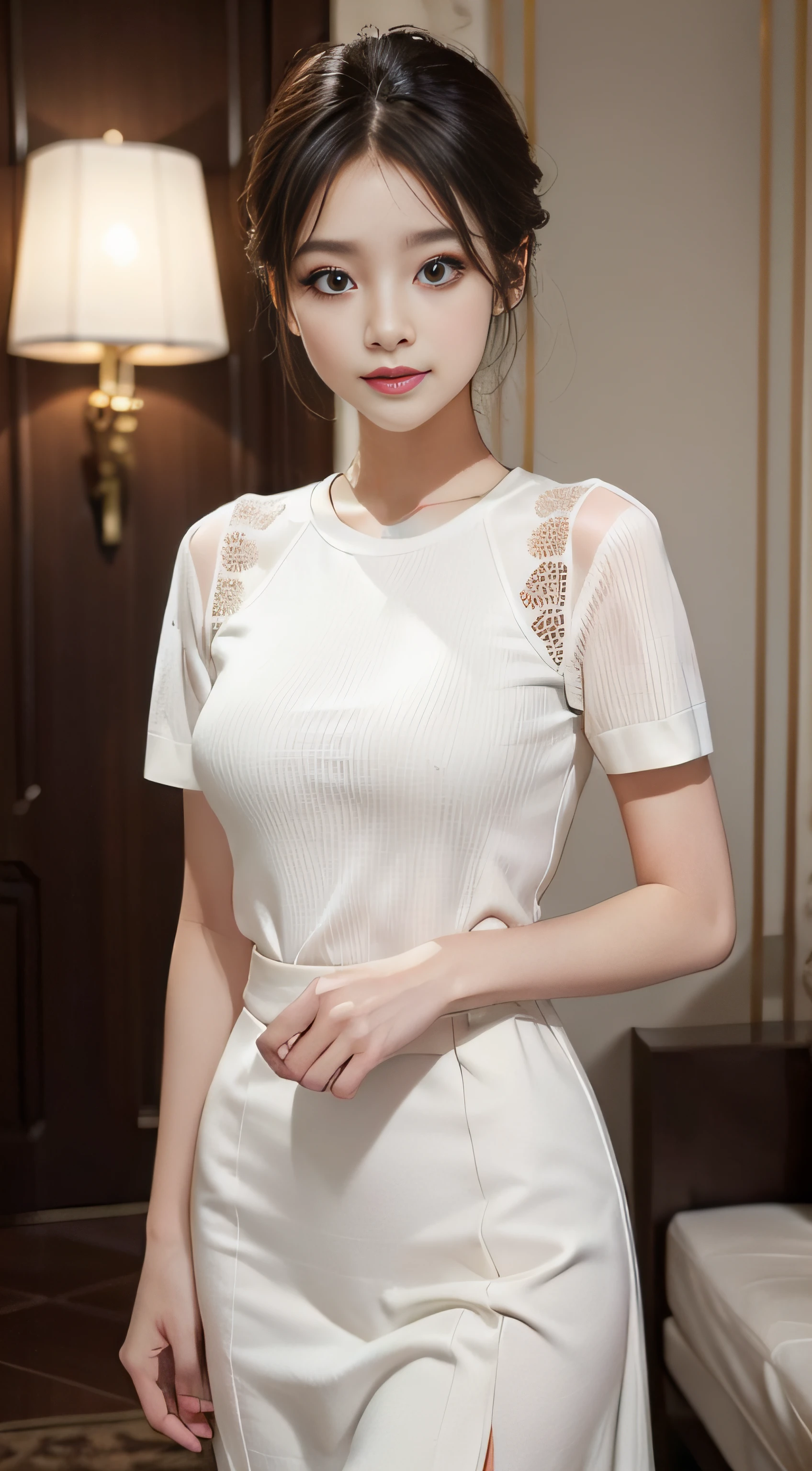 傑作、最高の画質 1 2、 美しい若い女性と 、透明感のある肌 1 2、{わずかな笑顔}、 かわいい 、半袖ニット、高級ホテル、被写界深度