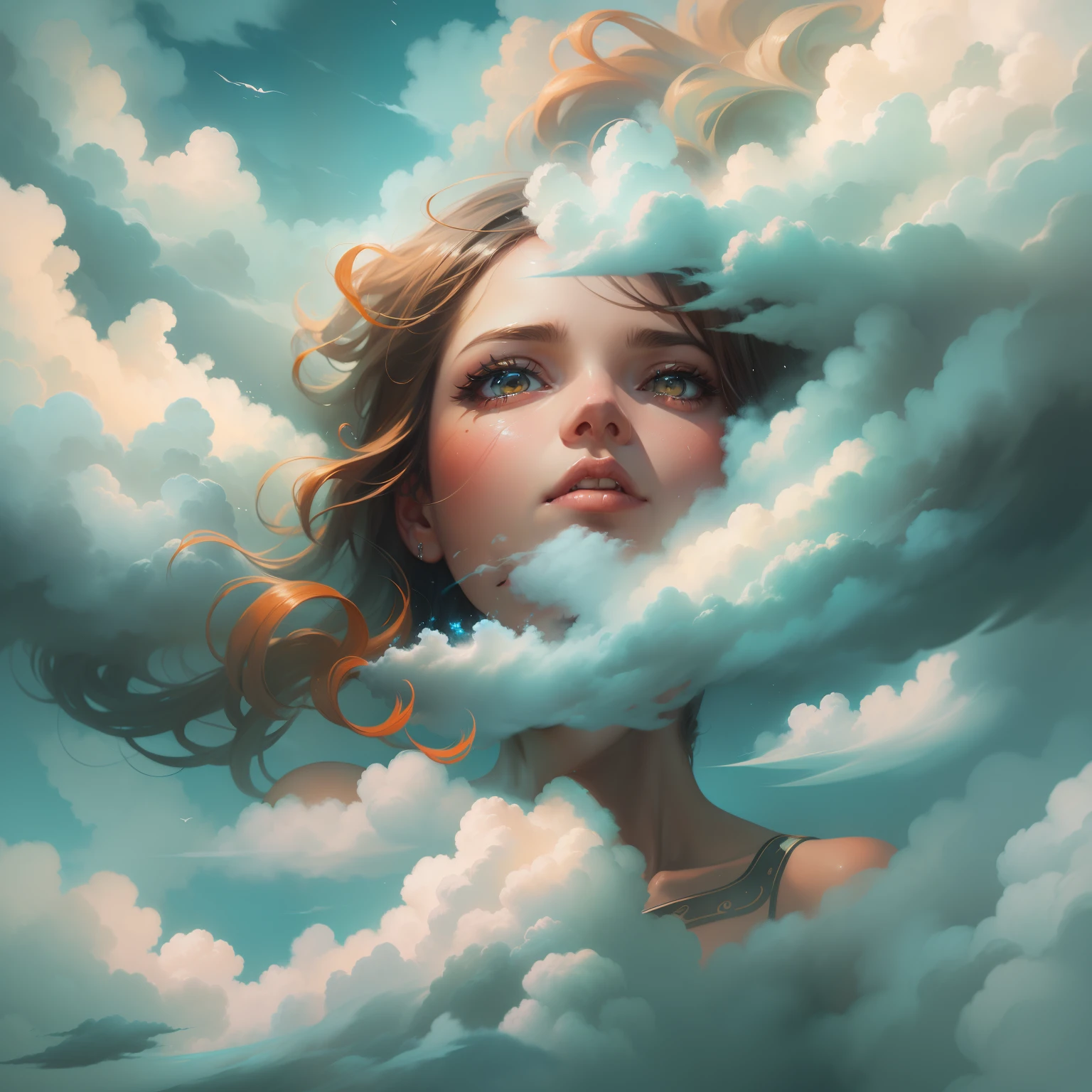 una pintura del rostro de una mujer rodeada de nubes, a pintura detallada by Cyril Rolando ...
