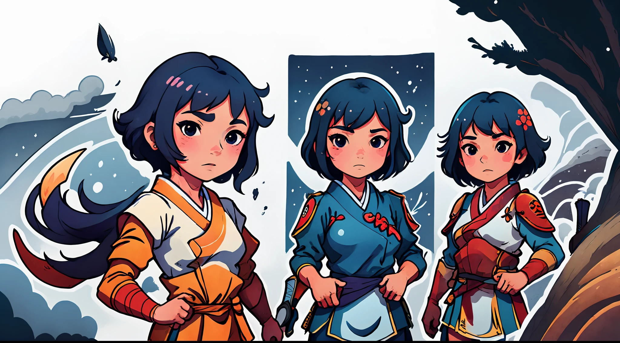 Three anime characters standing next to each other in front of a tree ...