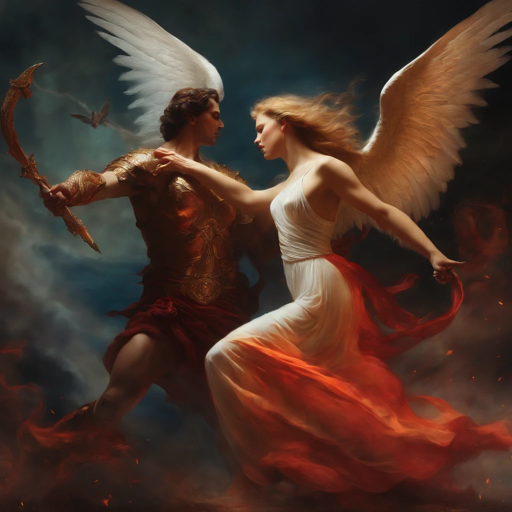 A painting of two angels fighting over a woman in a red dress - SeaArt AI