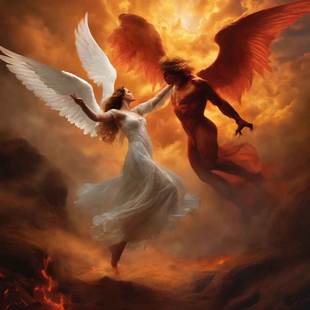 A beautiful angel fighting a demon - SeaArt AI
