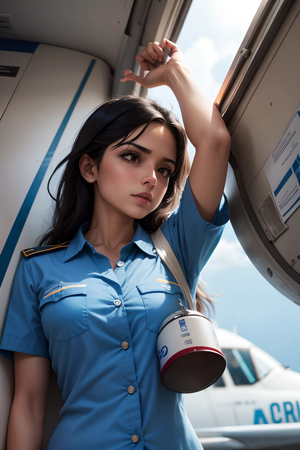 Arafed woman in uniform standing next to a plane with a cup - SeaArt AI